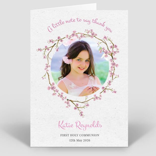 Pink Blossom Communion - First Holy Communion Thank You Card