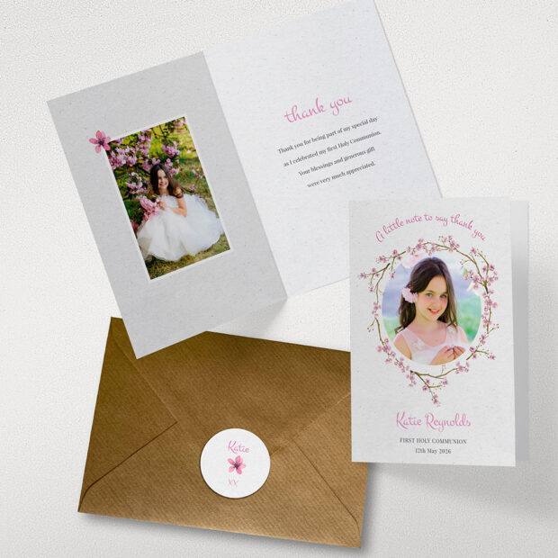 Pink Blossom Communion - First Holy Communion Thank You Card